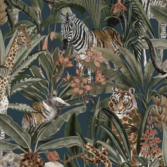 Holden Decor Safari Animal Fusion Navy Washable Flat Surface Wallpaper ...